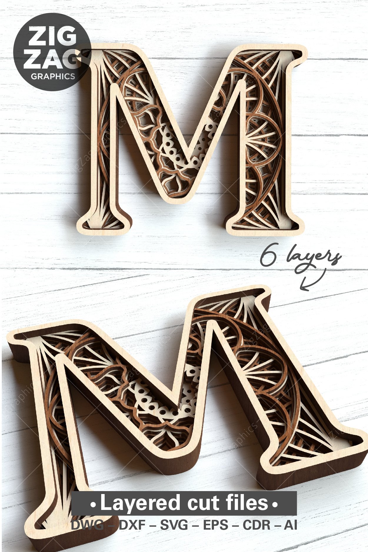 3D Layered mandala letter M svg cut file