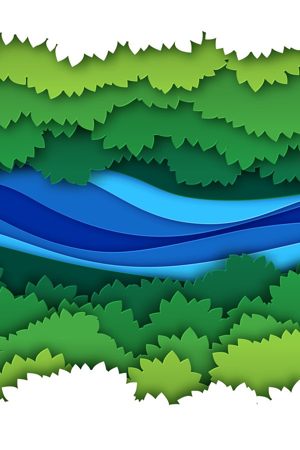 Paper river. Top view water stream surrounded by jungle fore