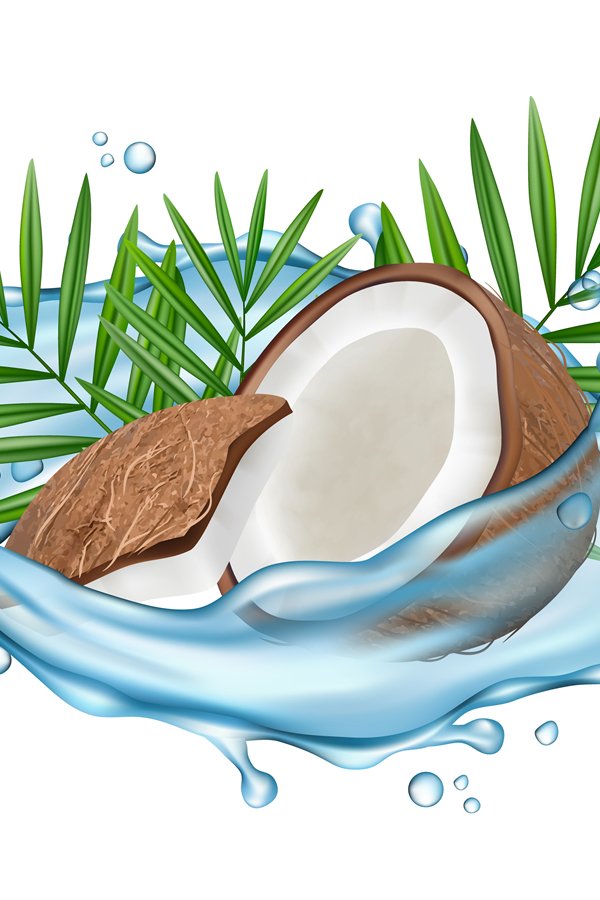 Coconut water vector concept. Realistic coconut, water splas