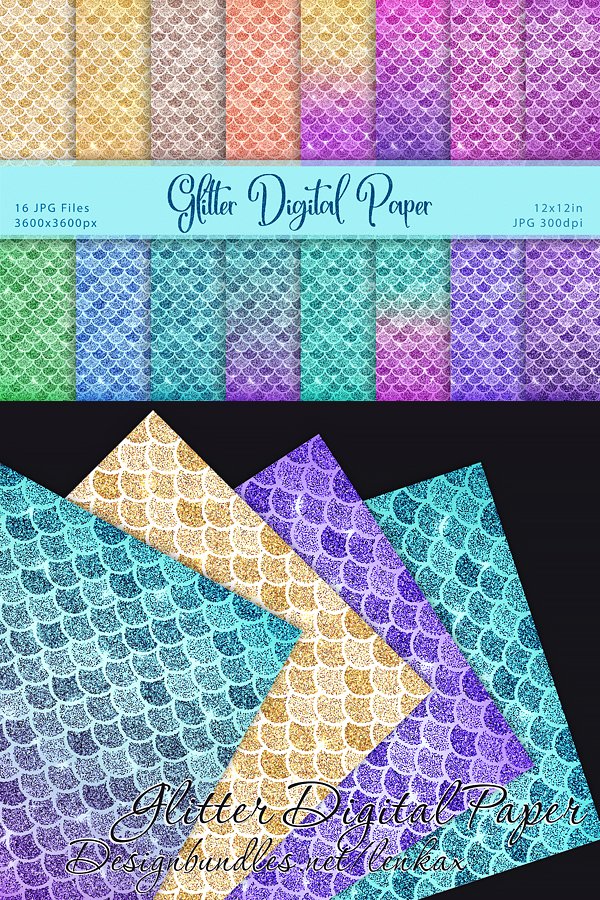 Digital Paper. Glitter Mermaid Pattern Digital paper