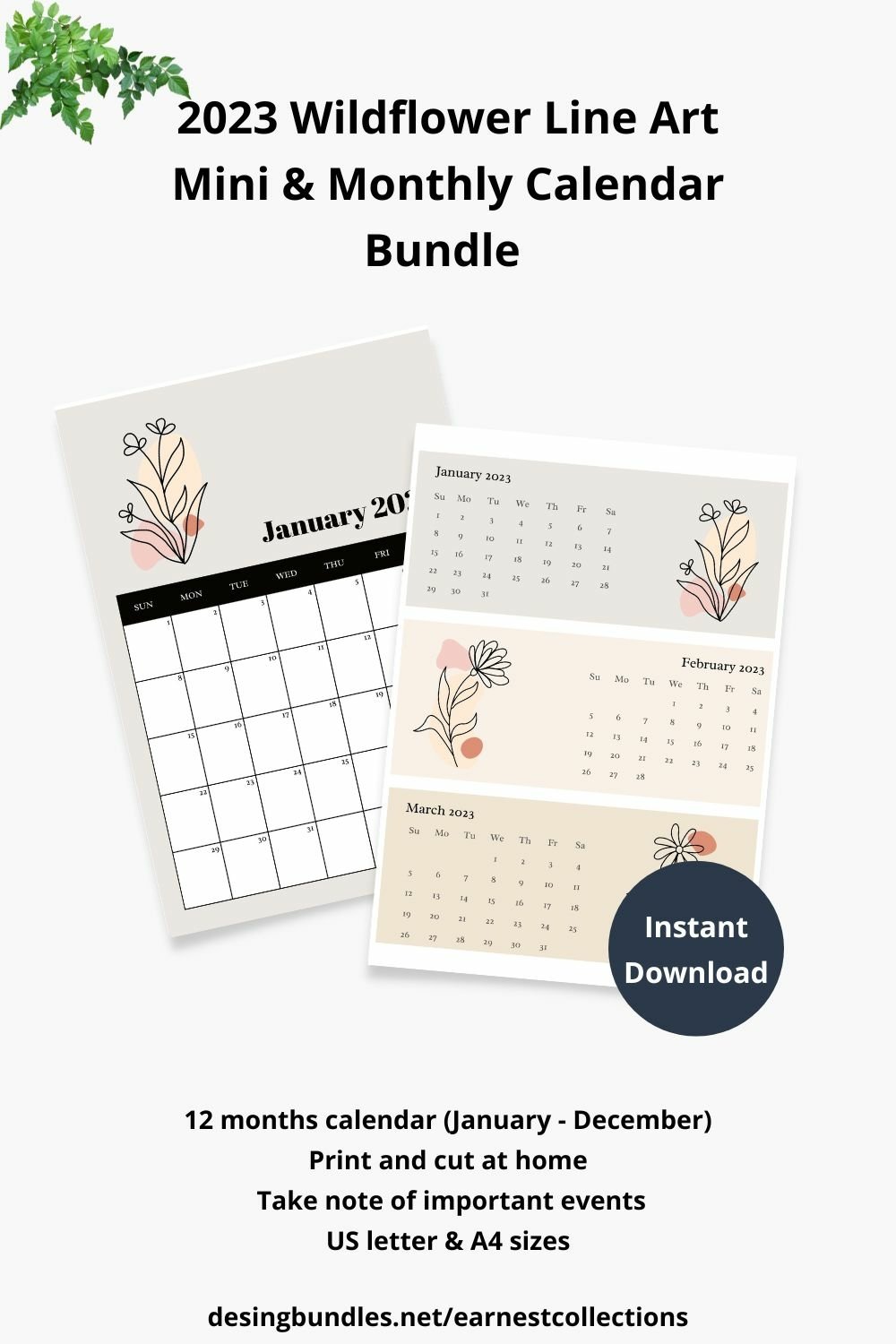 Printable monthly and mini calendar 2023 bundle