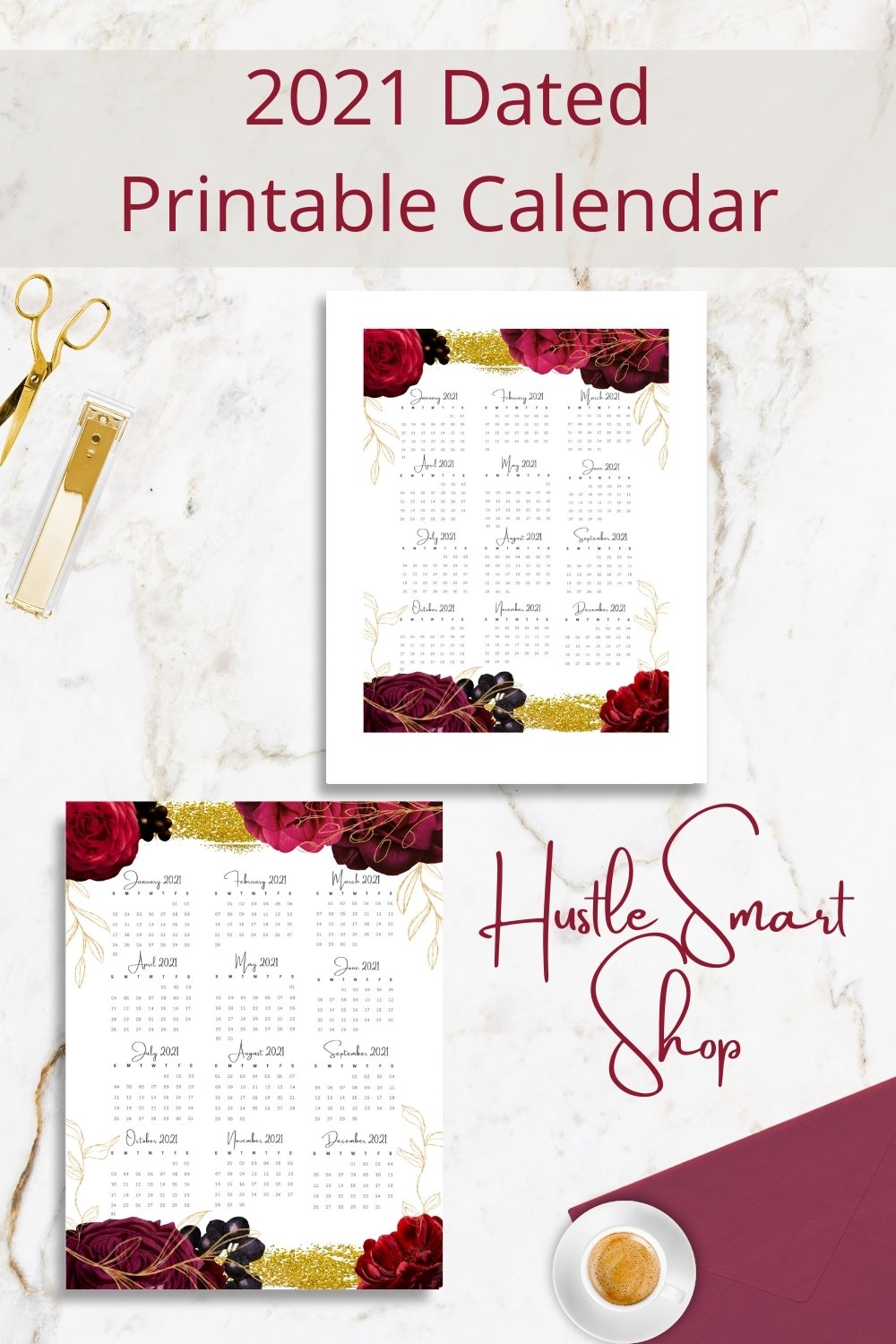 2021 Dated Printable Gold and Red Calendar