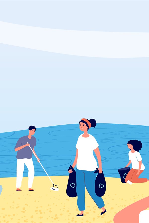 People collecting garbage on ocean beach. Volunteers cleanin