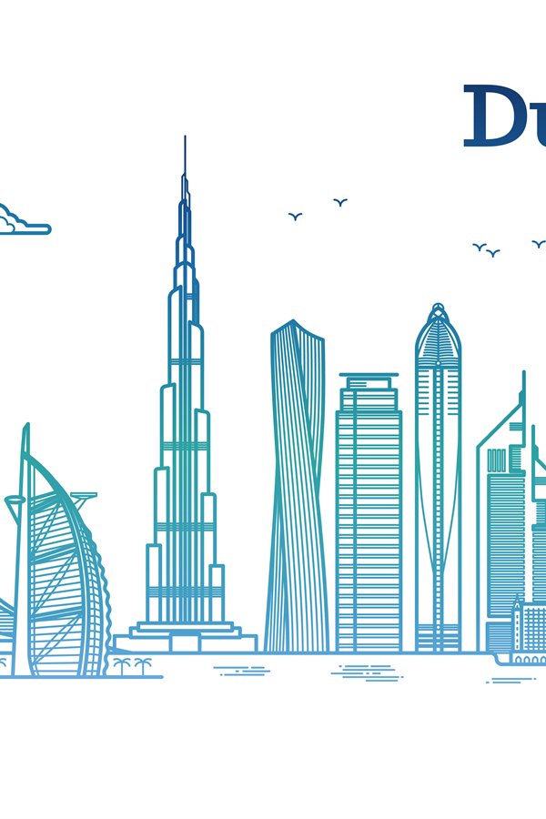 Colorful detailed dubai line vector cityscape with skyscrape