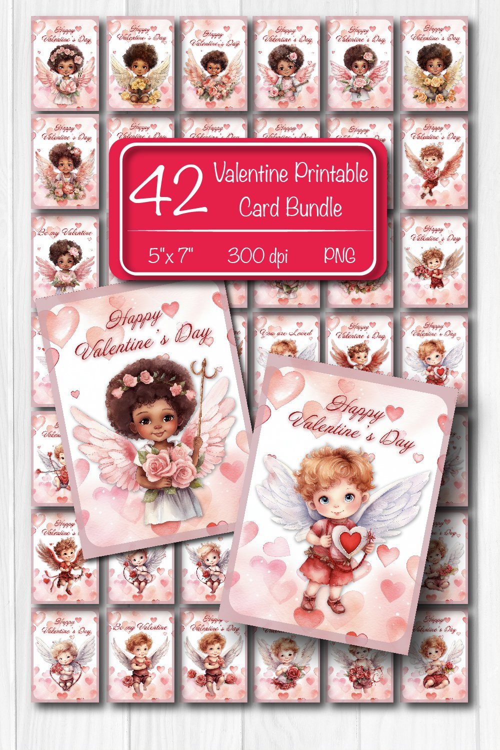 Printable Valentine card Bundle Angels watercolor Postcard