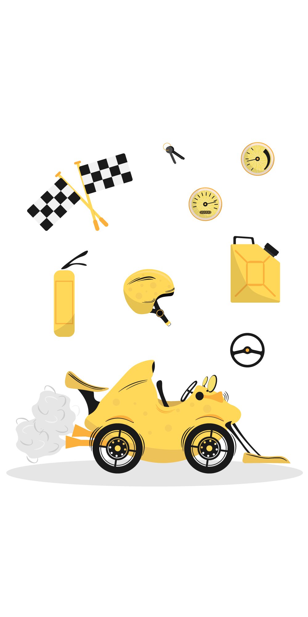Cartoon lemon car. Citrus truck with racing car accessories