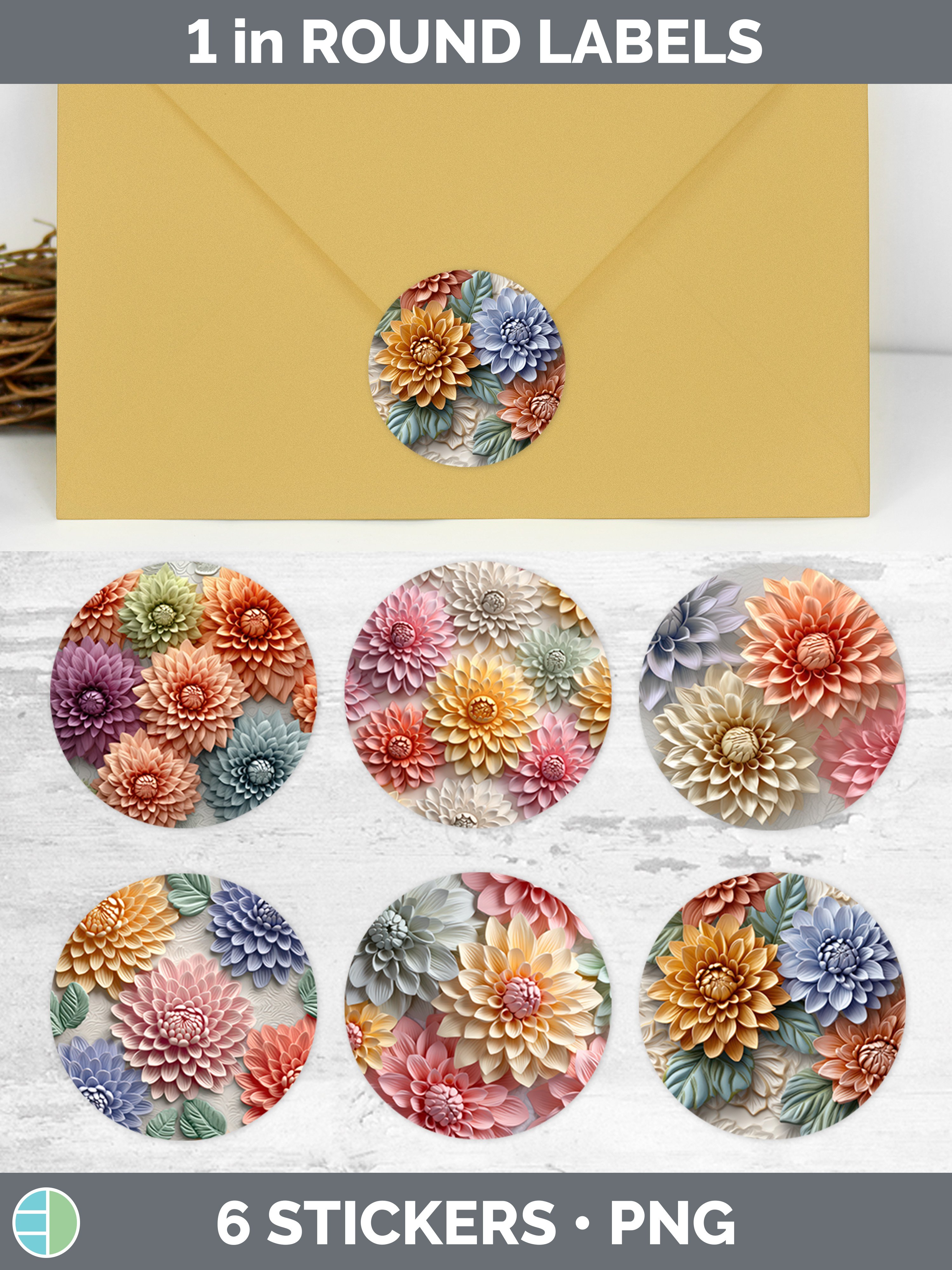 3D Dahlia Flowers Stickers | Round Labels Designs Bundle