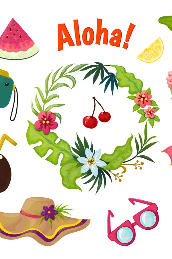 Exotic stickers. Summer party tropical collection of doodle