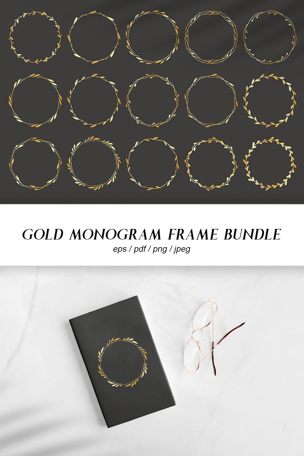 Gold monogram frames bundle. Round signs collection PNG.