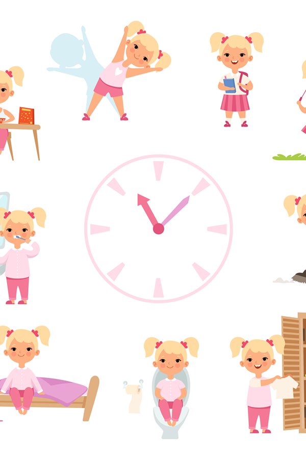 Childrens daily routine. Male and female kids in action pose