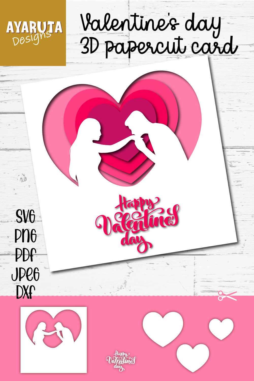 Love Heart Valentines' Day 3D PaperCut Template, SVG PNG