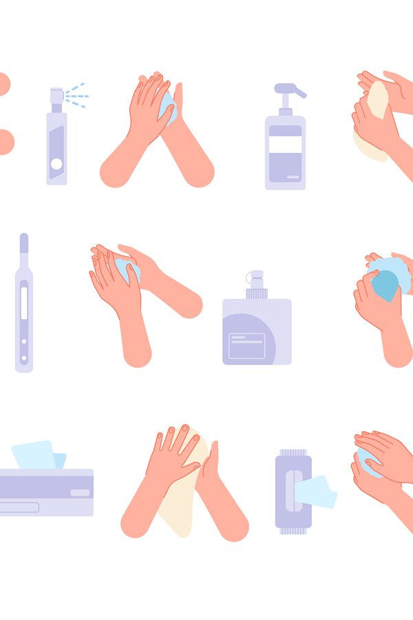 Ppe icons. protection equipment, safety face mask. Hand disi