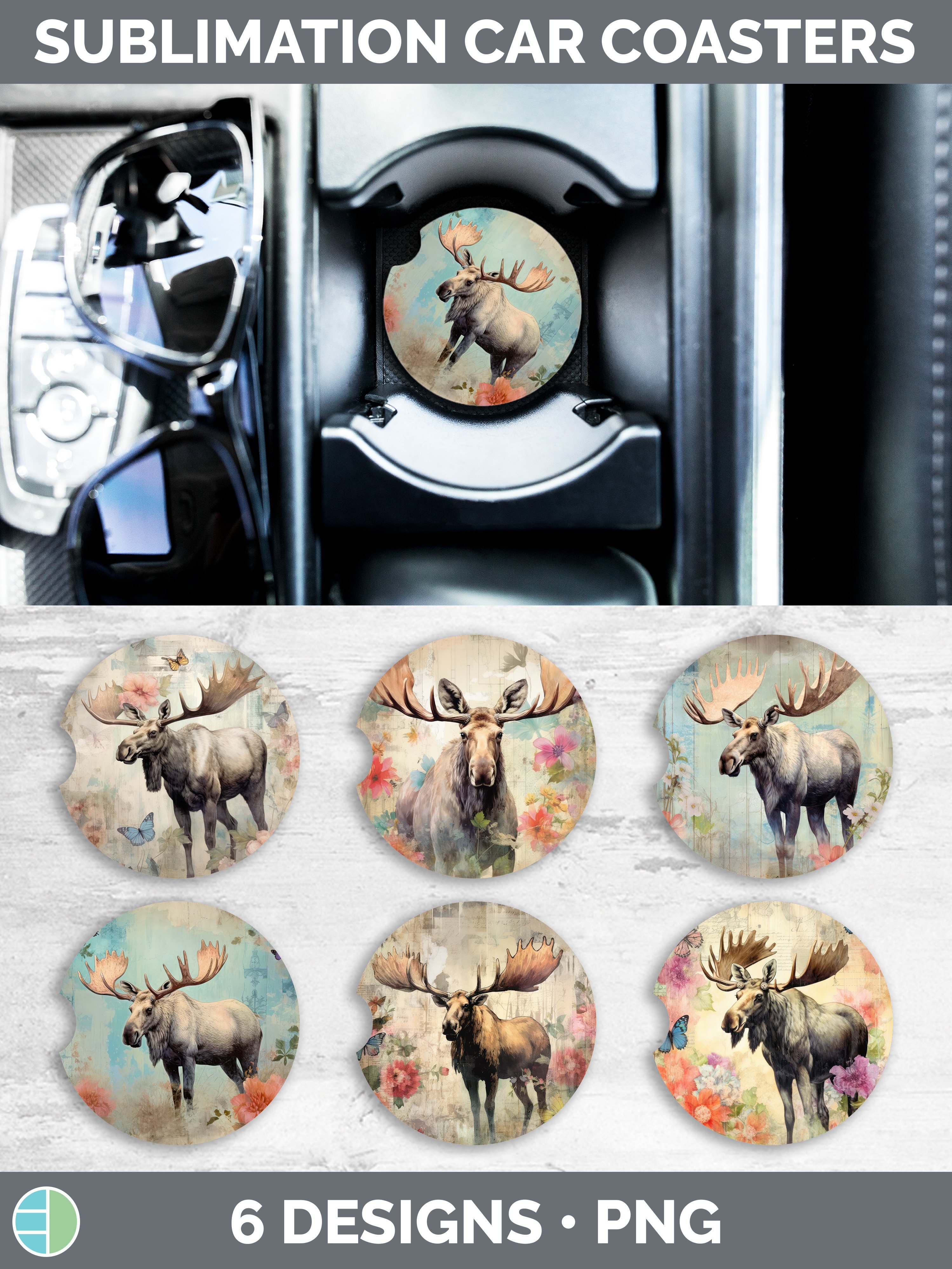 Vintage Moose Car Coaster | Sublimation Coaster Designs Bund