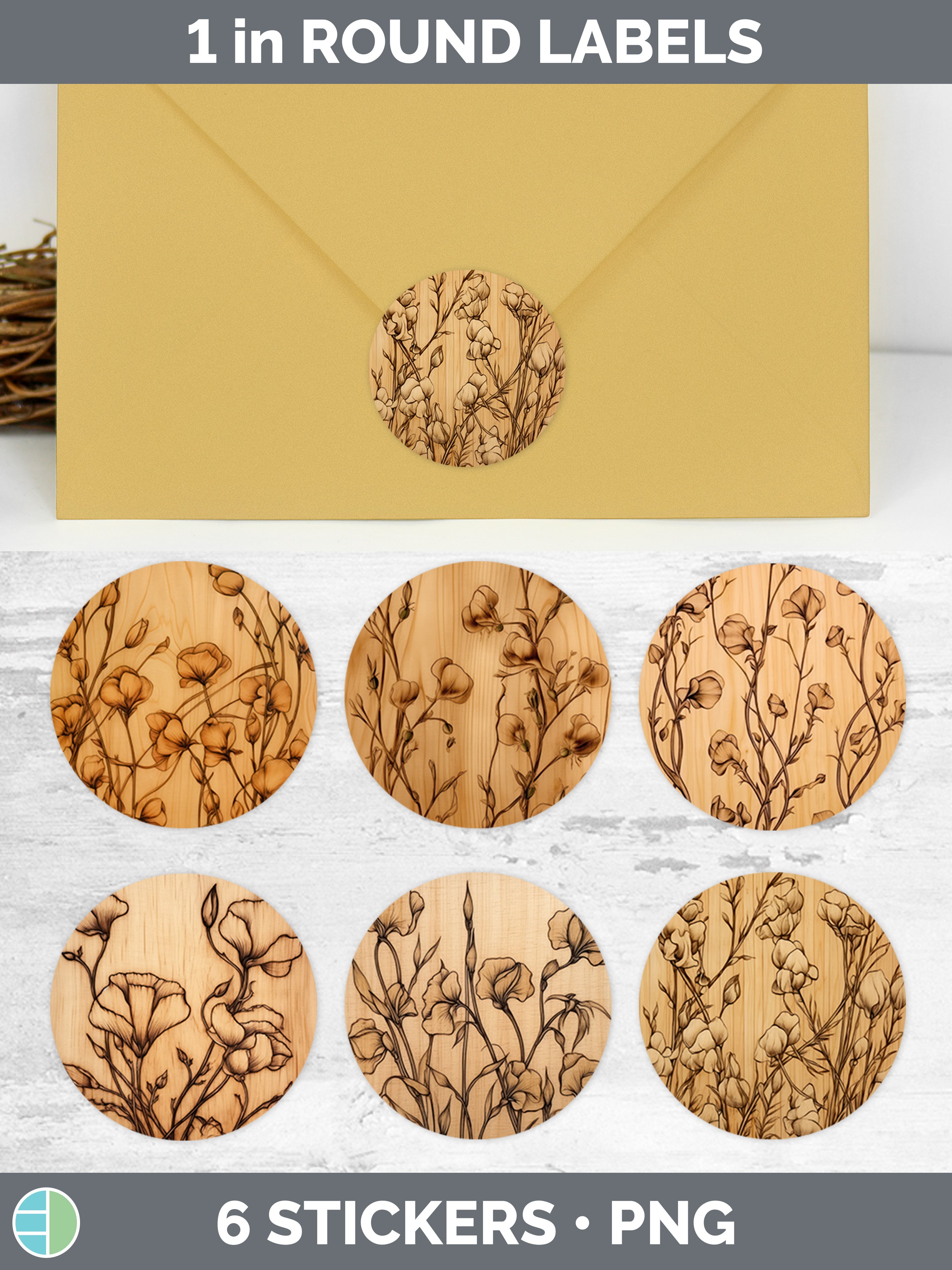Wood Burned Sweet Pea Flowers Stickers | Round Labels Design