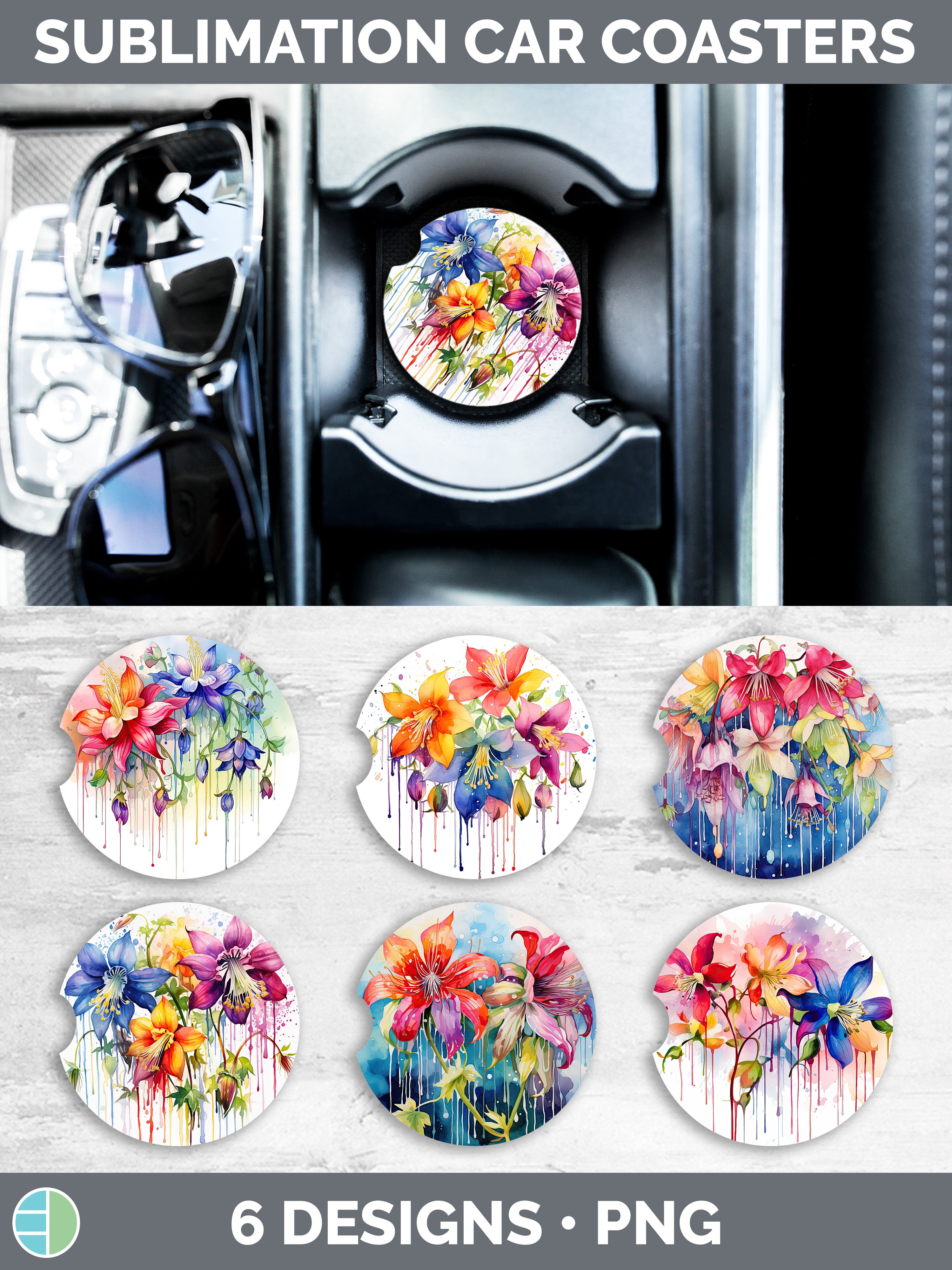 Splat Rainbow Columbine Flowers Car Coaster | Bundle Coaster