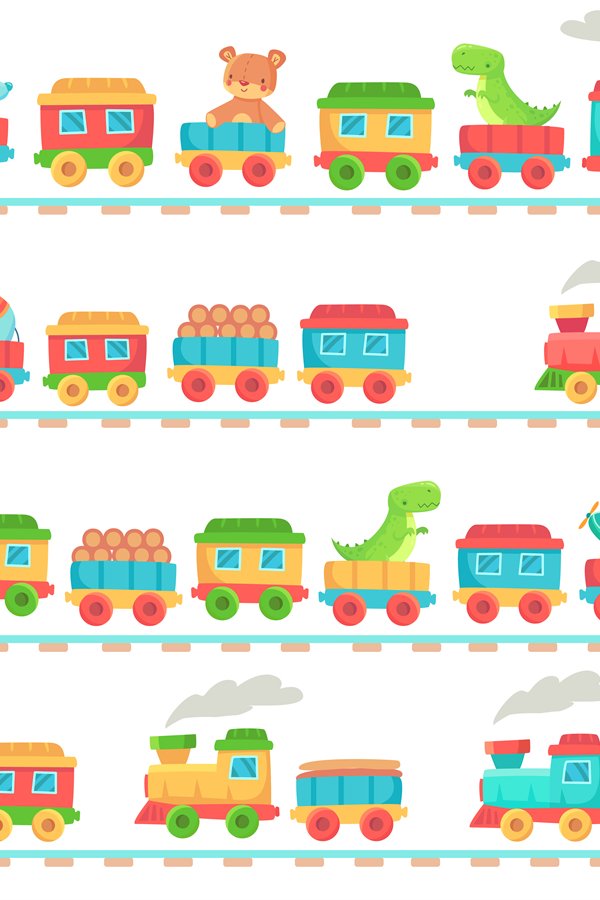 Kids toy train pattern. Children railroad toys, baby trains