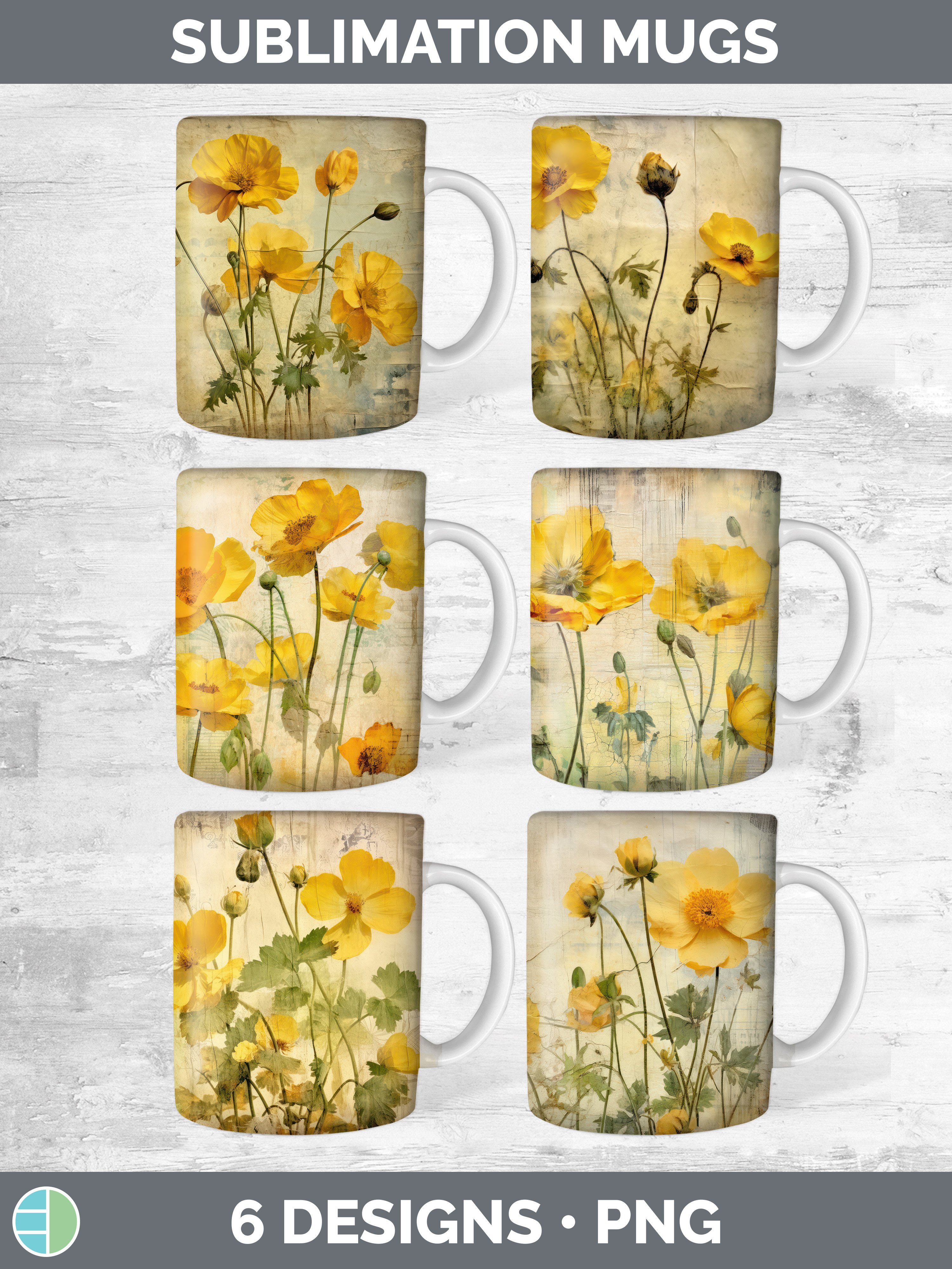 Vintage Buttercup Flowers Mug Wrap | Sublimation Coffee Cup