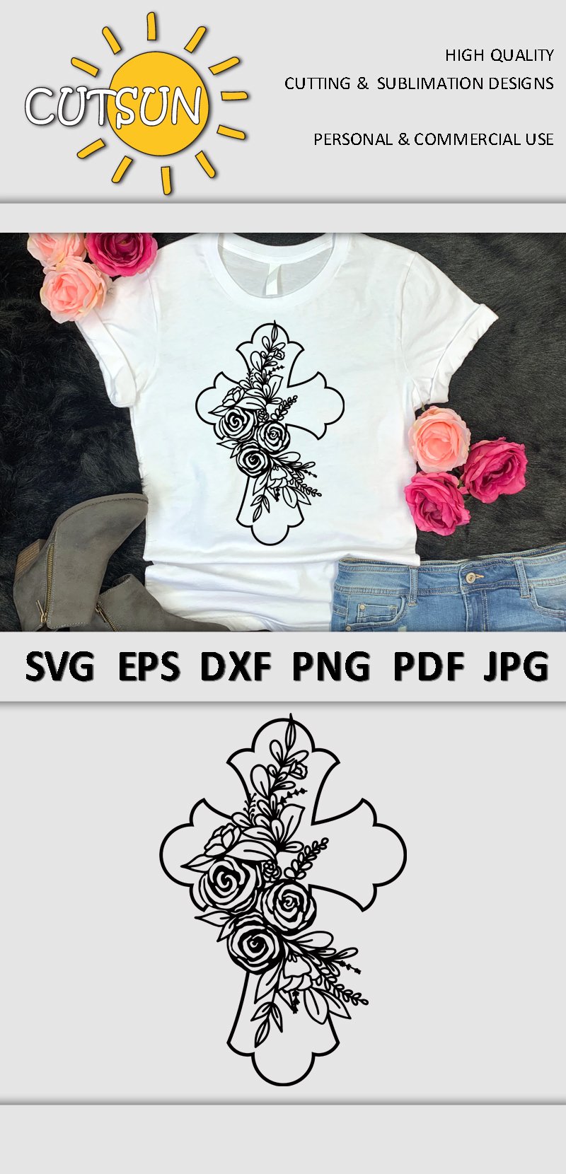 Flower Cross Roses SVG | Flower Easter cross SVG