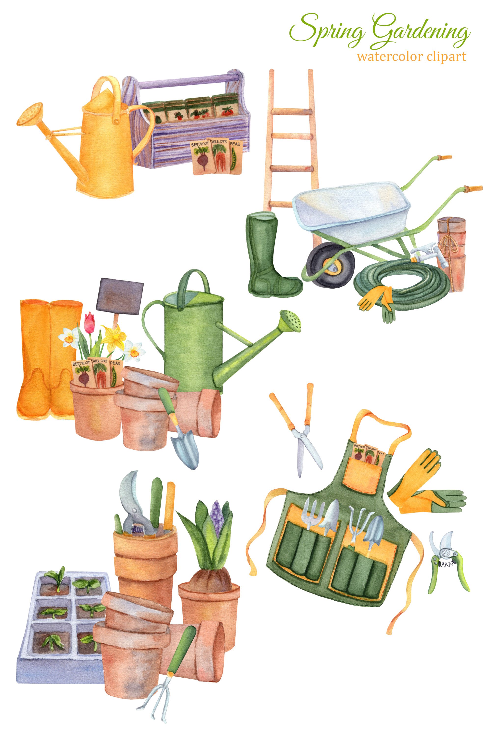 Spring gardening watercolor clipart, rustic farmhouse