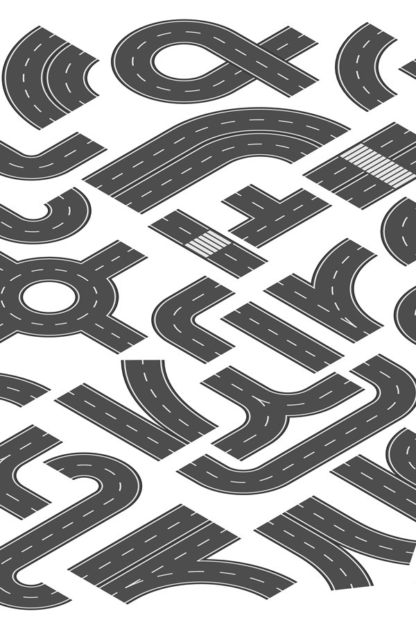 Isometric road or highway. Straight, curved and crossing cit