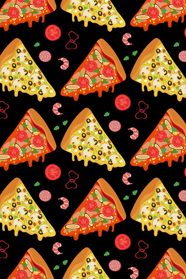 Cartoon pizza slices and ingredients seamless pattern