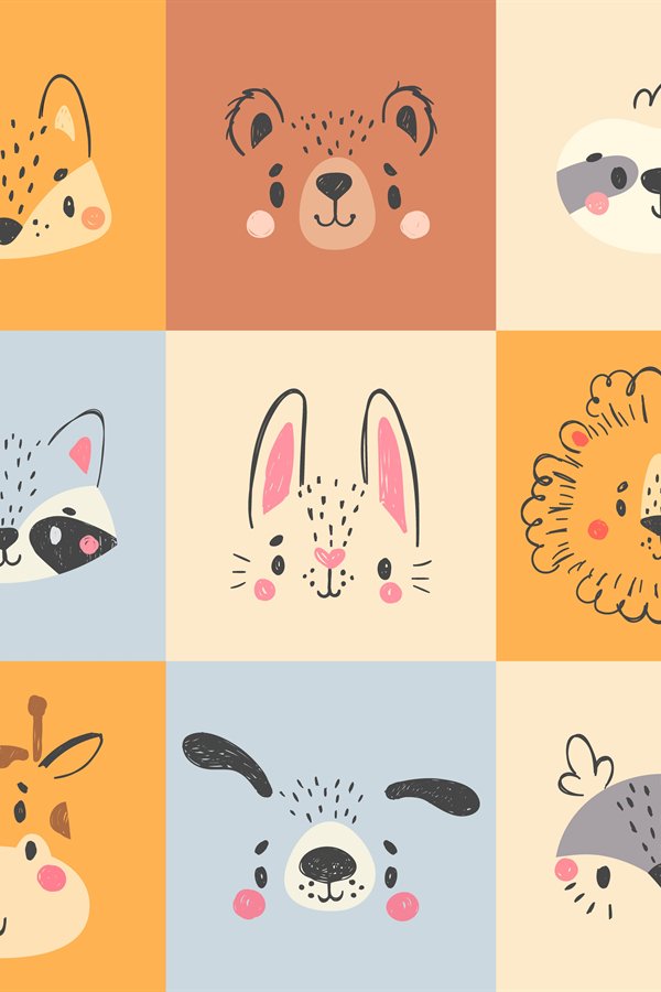 Cute animal portraits. Hand drawn happy animals faces, smili