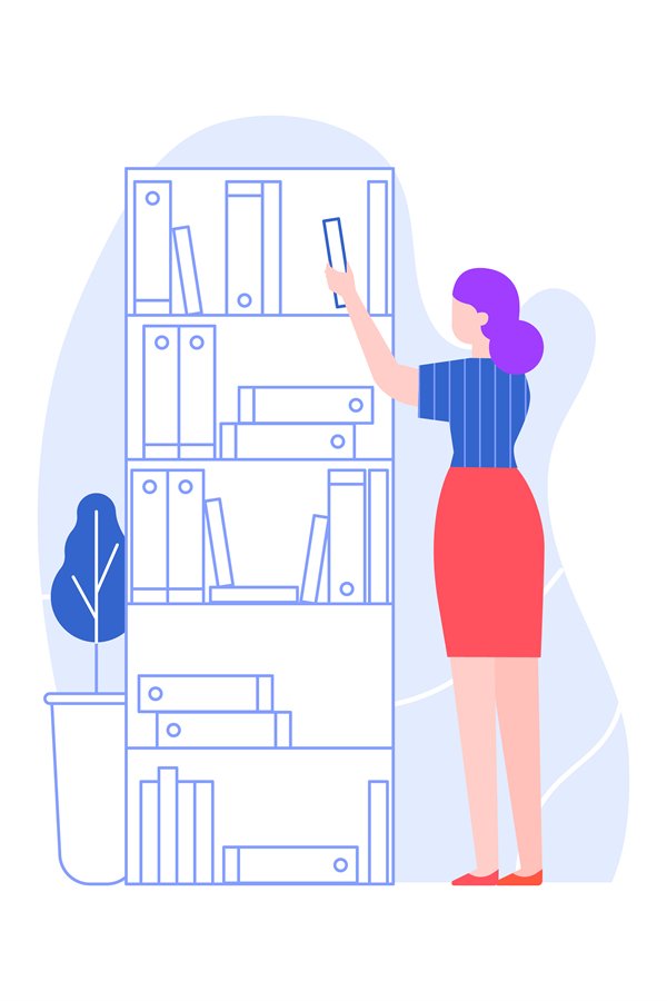 Woman office worker organizes folders in rack