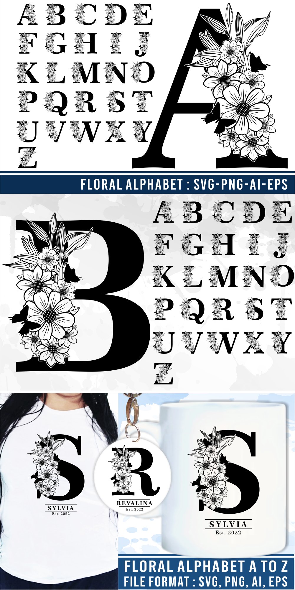Flower Alphabet Monogram Svg, Floral Alphabet, Monogram Svg
