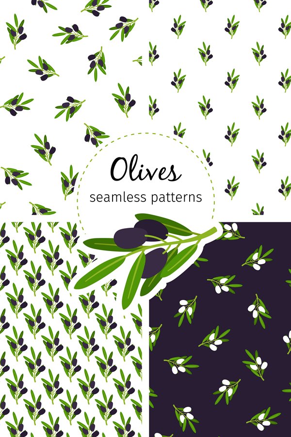 Olives pattern seamless collection with green leaf