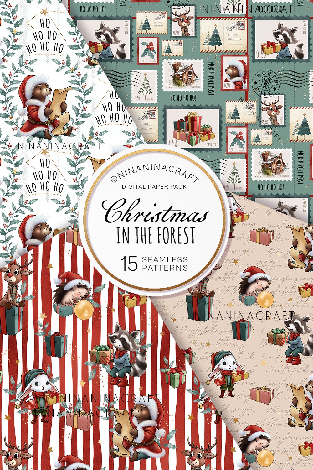 Christmas Woodland Seamless Patterns, Santa Digital Papers