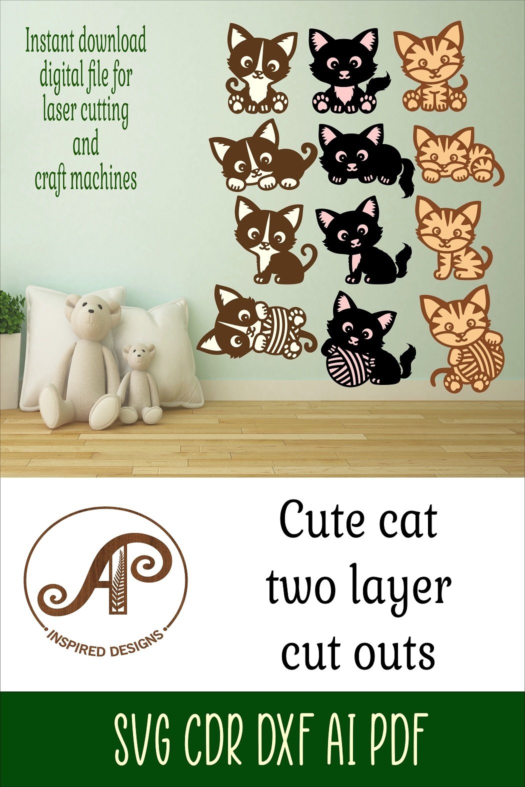 Cute Cat laser cut file shapes. 3 Cats in 4 positions, SVG