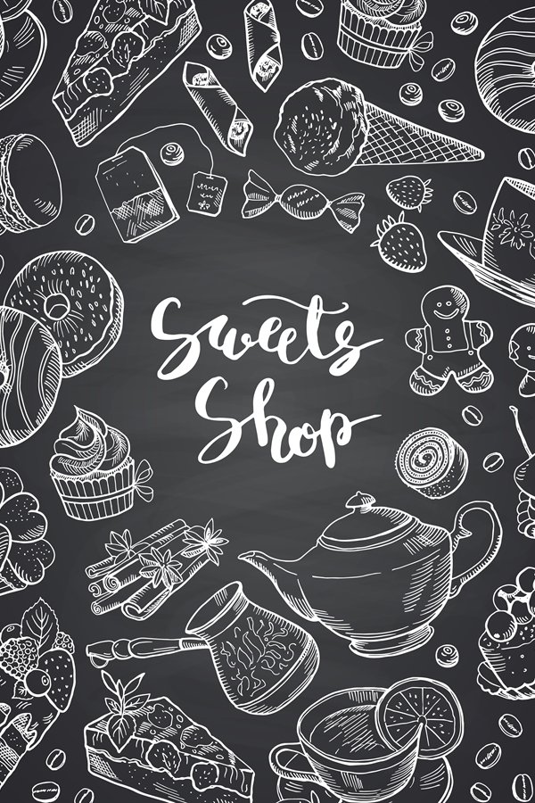 Vector hand drawn contoured sweets on chalkboard poster illu