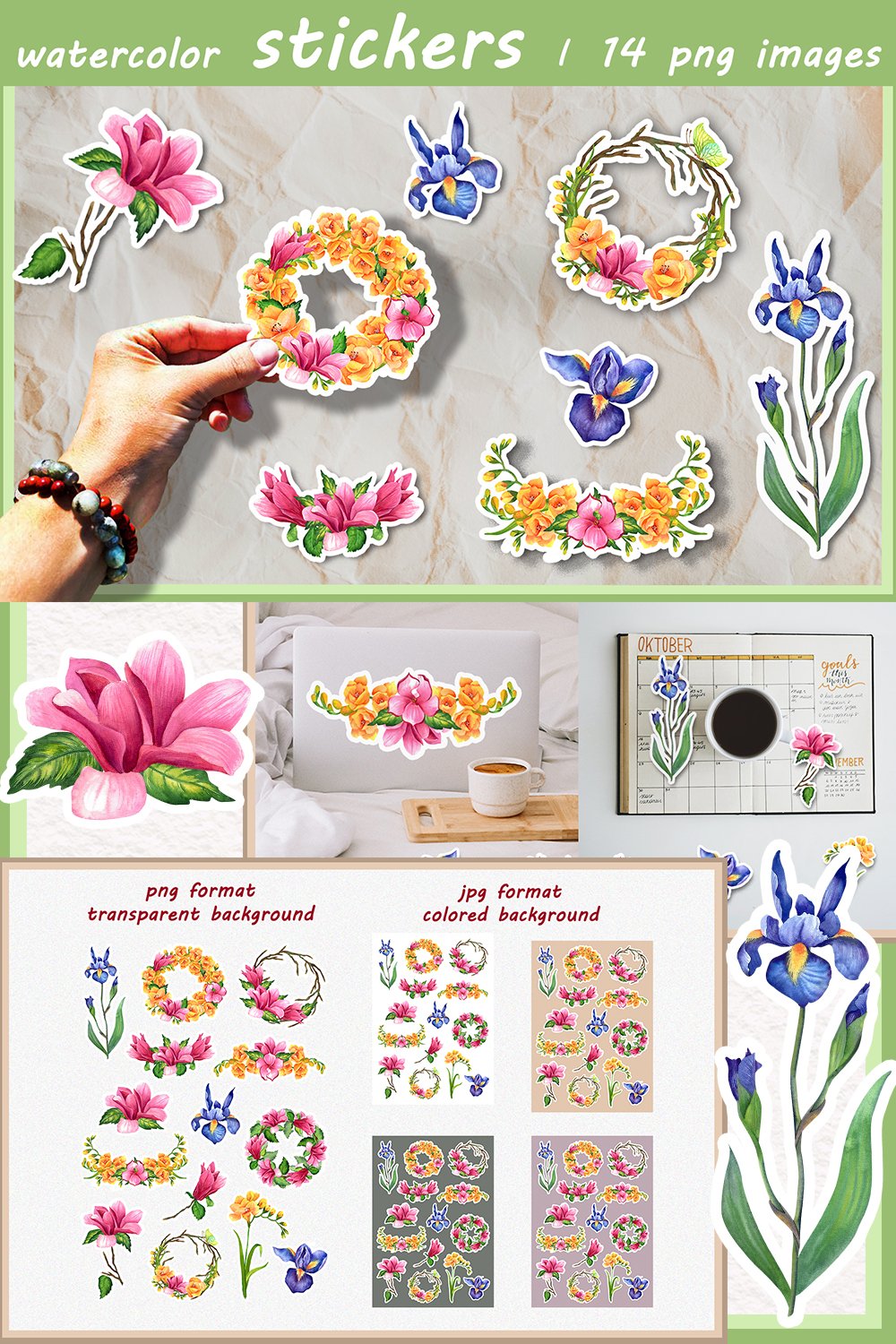 WATERCOLOR STICKERS - 14 ELEMENTS | PNG | JPG | A4, A5, A6