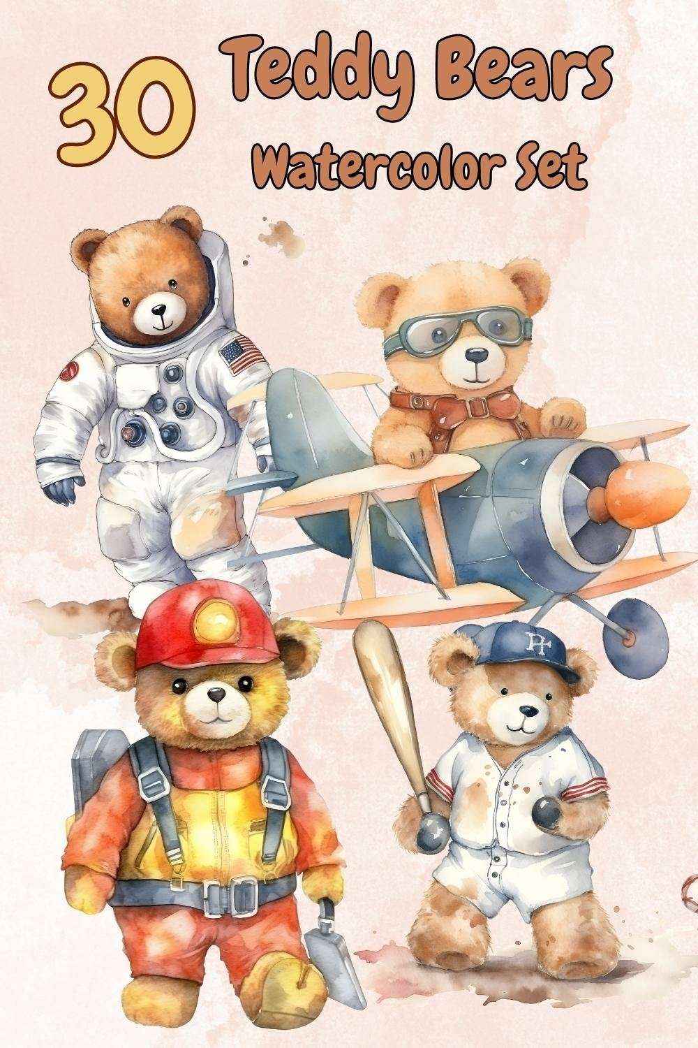 30 cute Teddy Bears watercolor sets PNG