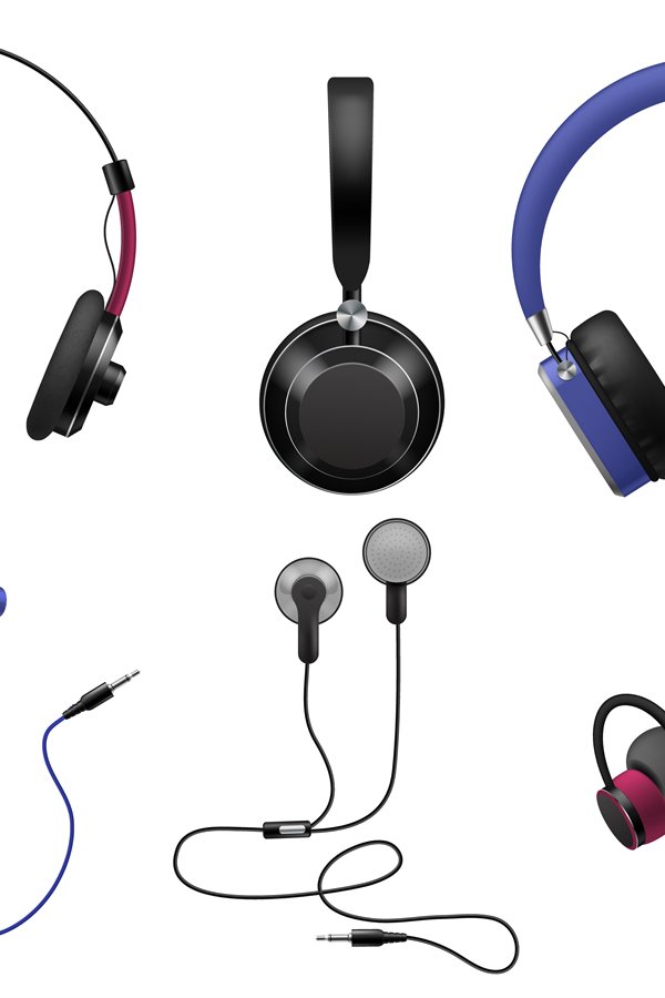 Various music earphones. Types realistic stereo audio earbud