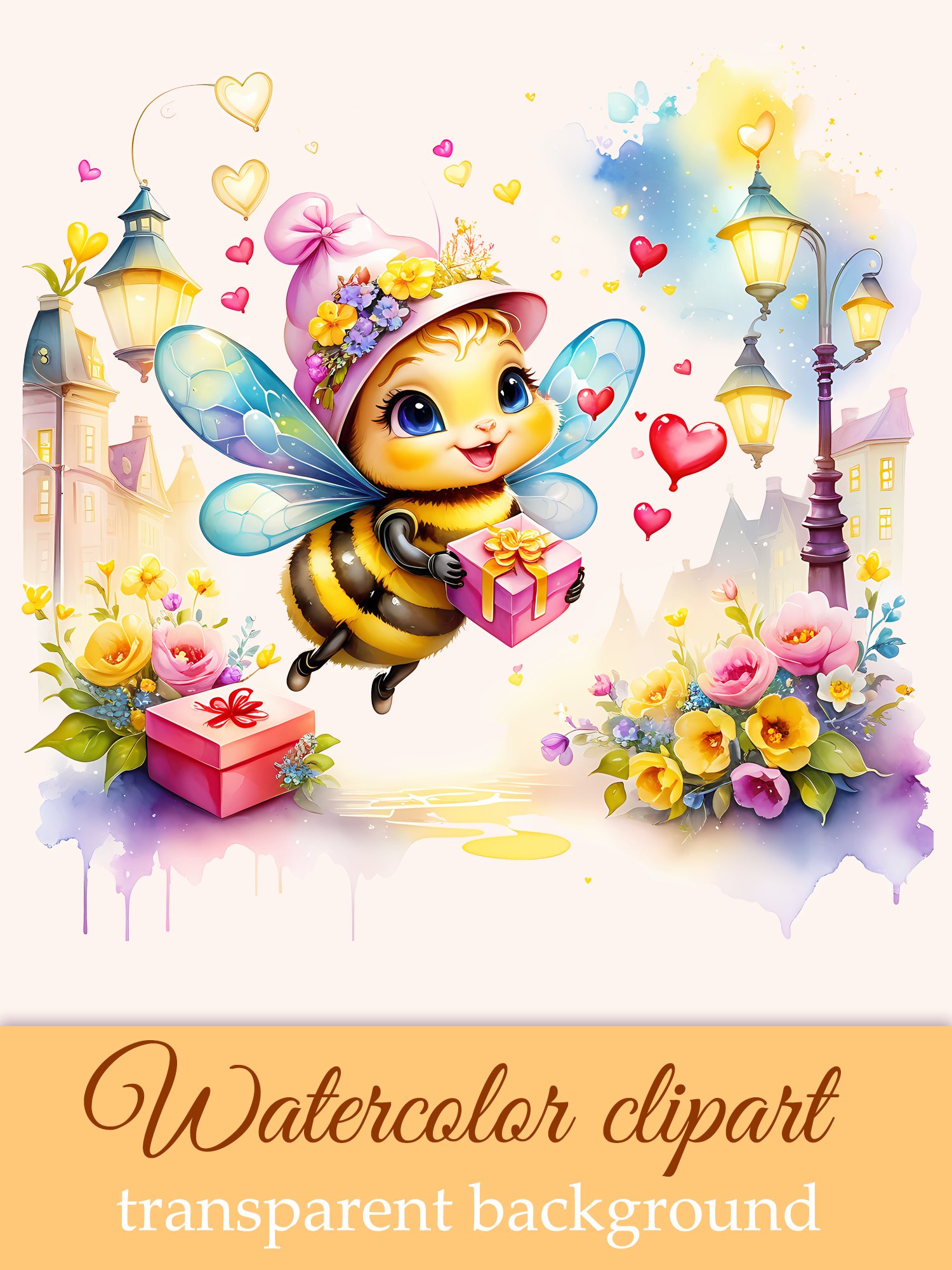 Watercolor Spring Bee Clipart, Bee watercolor painting, PNG,
