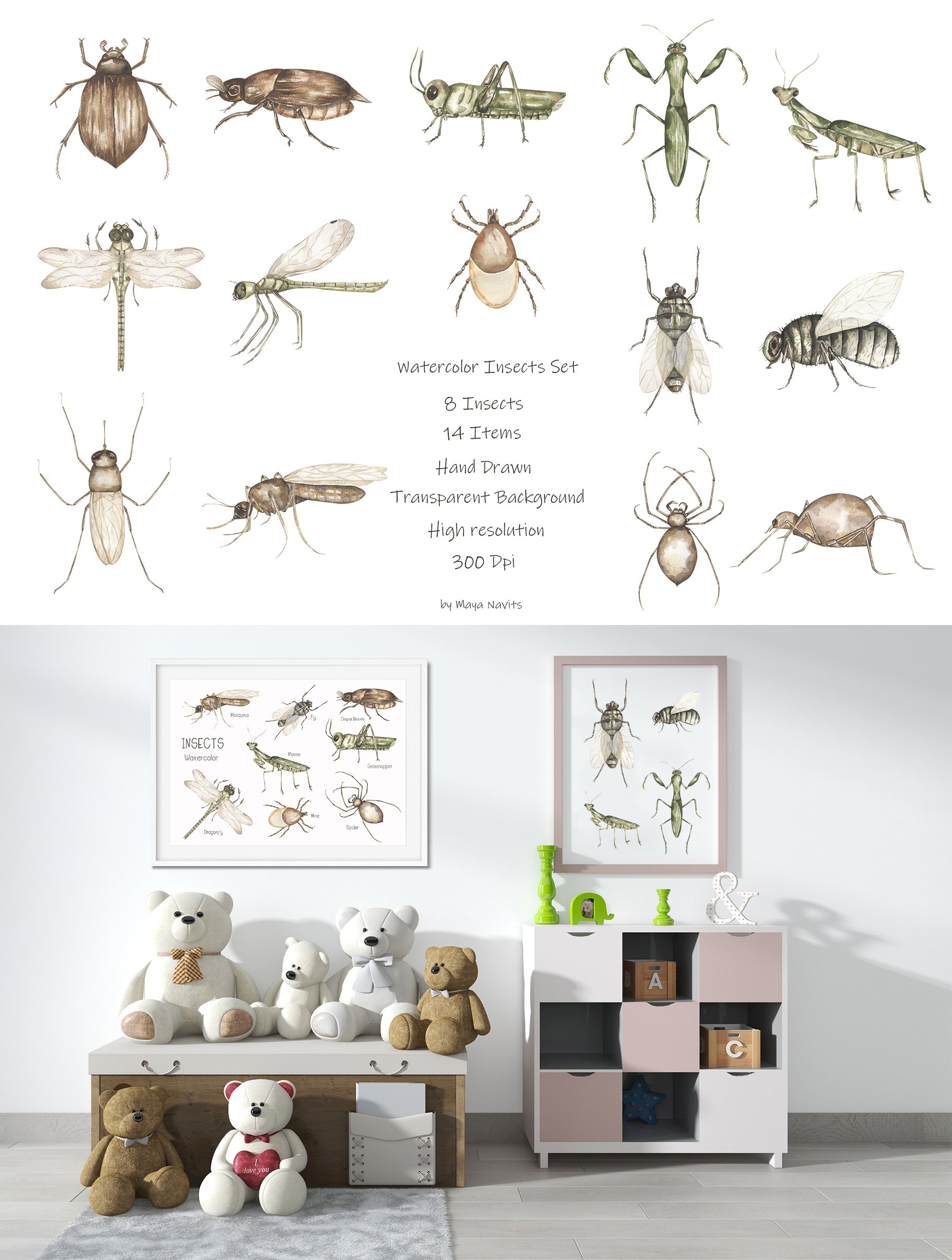 Watercolor Insects Clipart Set Bundle