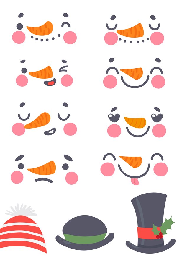 Snowman faces. Cute christmas snowmen heads with carrot nose
