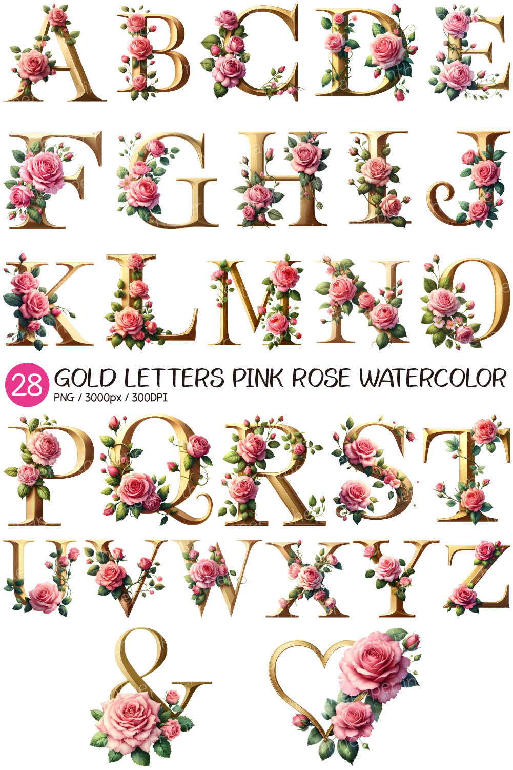 Gold Pink Rose Alphabet Clip art | Luxury Floral Vine Letter