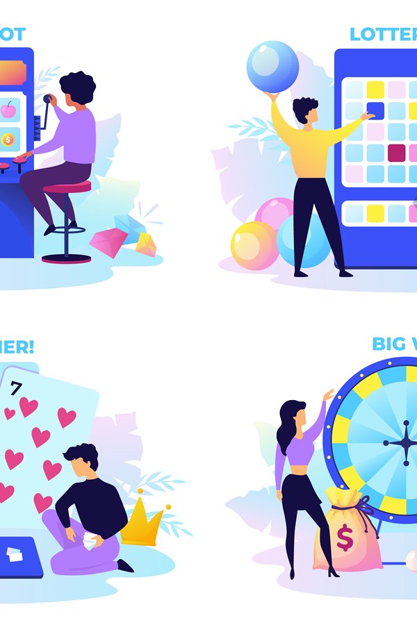 Flat lottery. Cartoon bingo game scenes with happy character