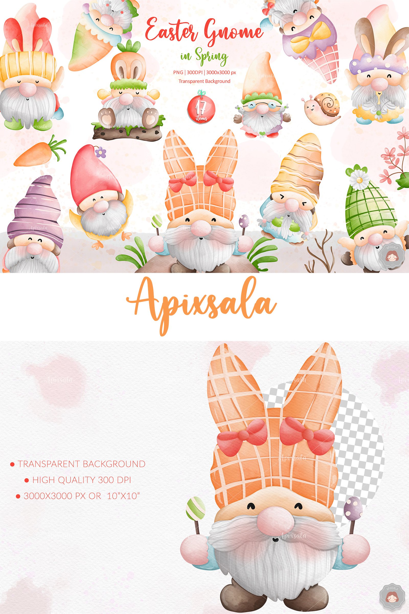 Watercolor Easter Gnome Spring Clipart Collection