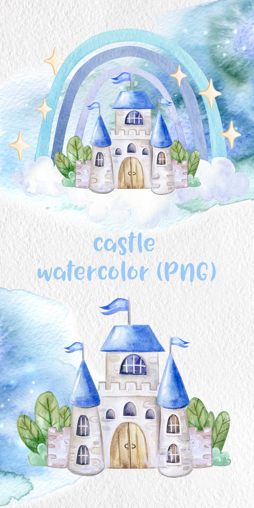 Blue castle. watercolor clipart