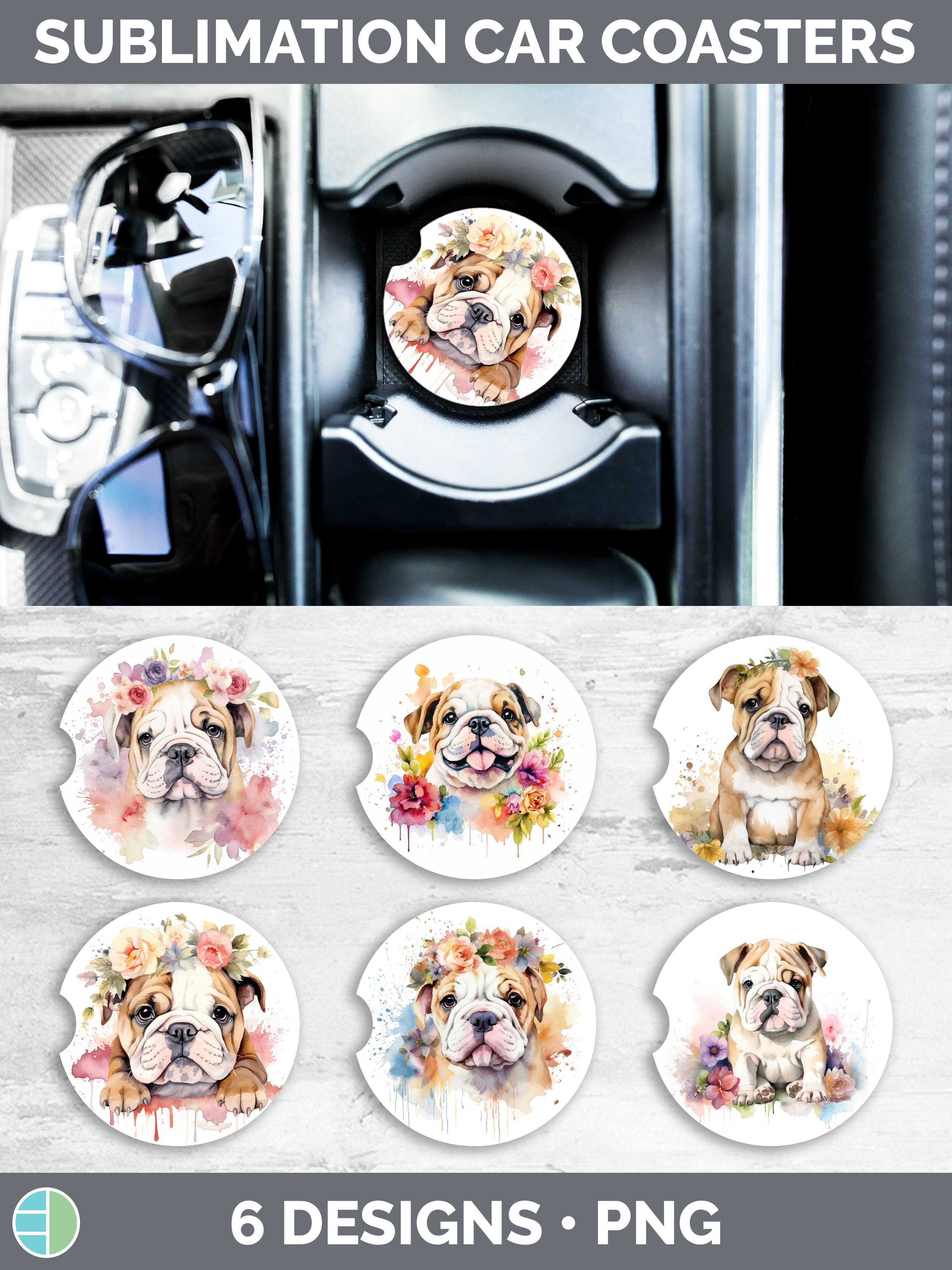 Watercolor Bulldog Dog Car Coaster | Sublimation Coaster Des