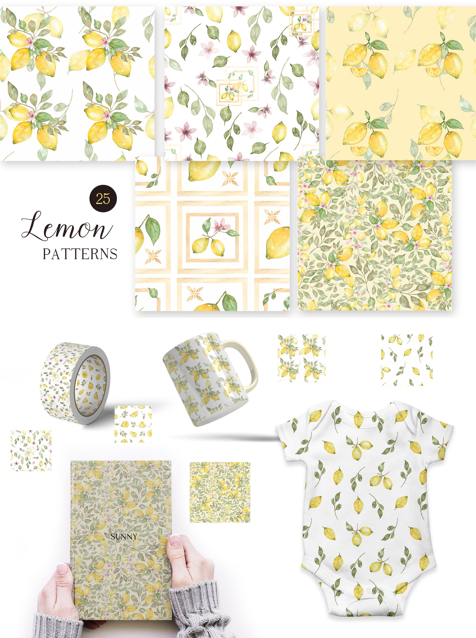 Watercolor Lemon Patterns Bundle