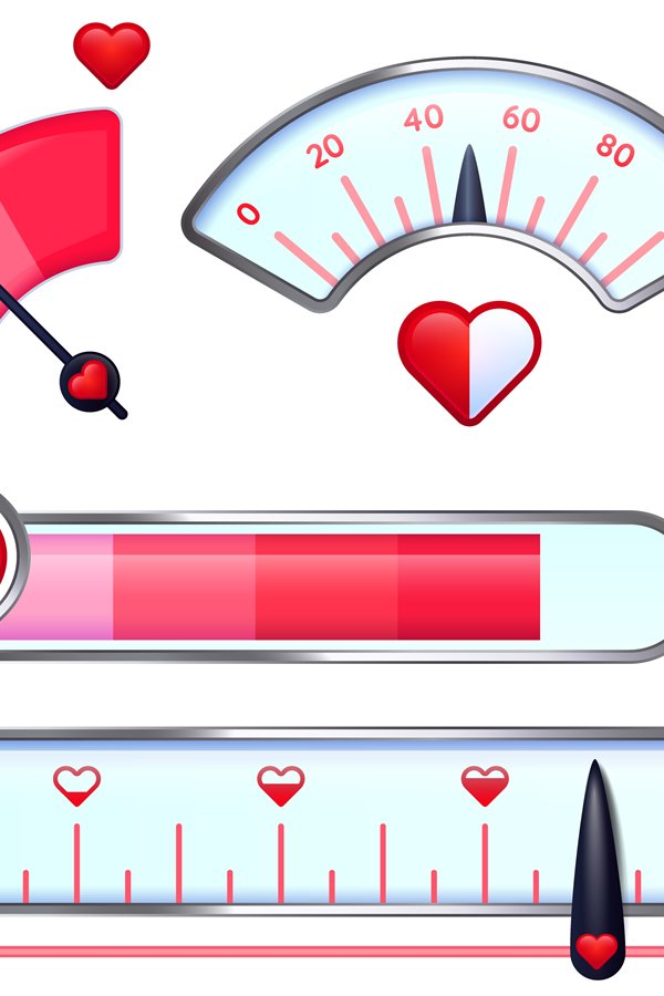 Love meter. Valentines Day card, love indicator with red hea