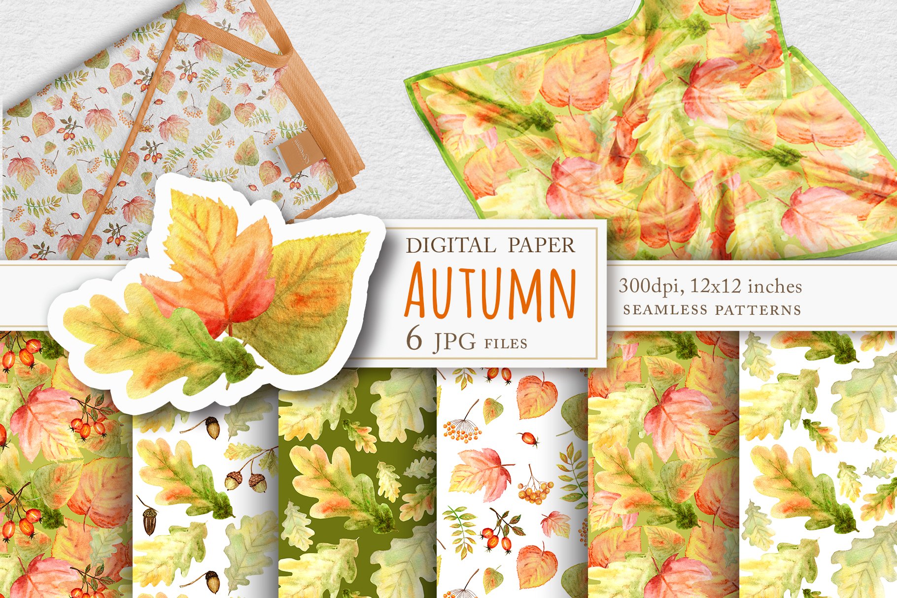 Autumn leaves watercolor patterns, Fall scrapbook paper