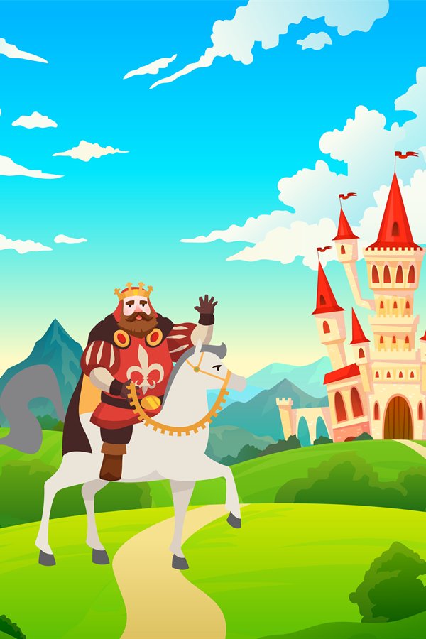 King on horseback. Prince rides to castle on horse on mediev