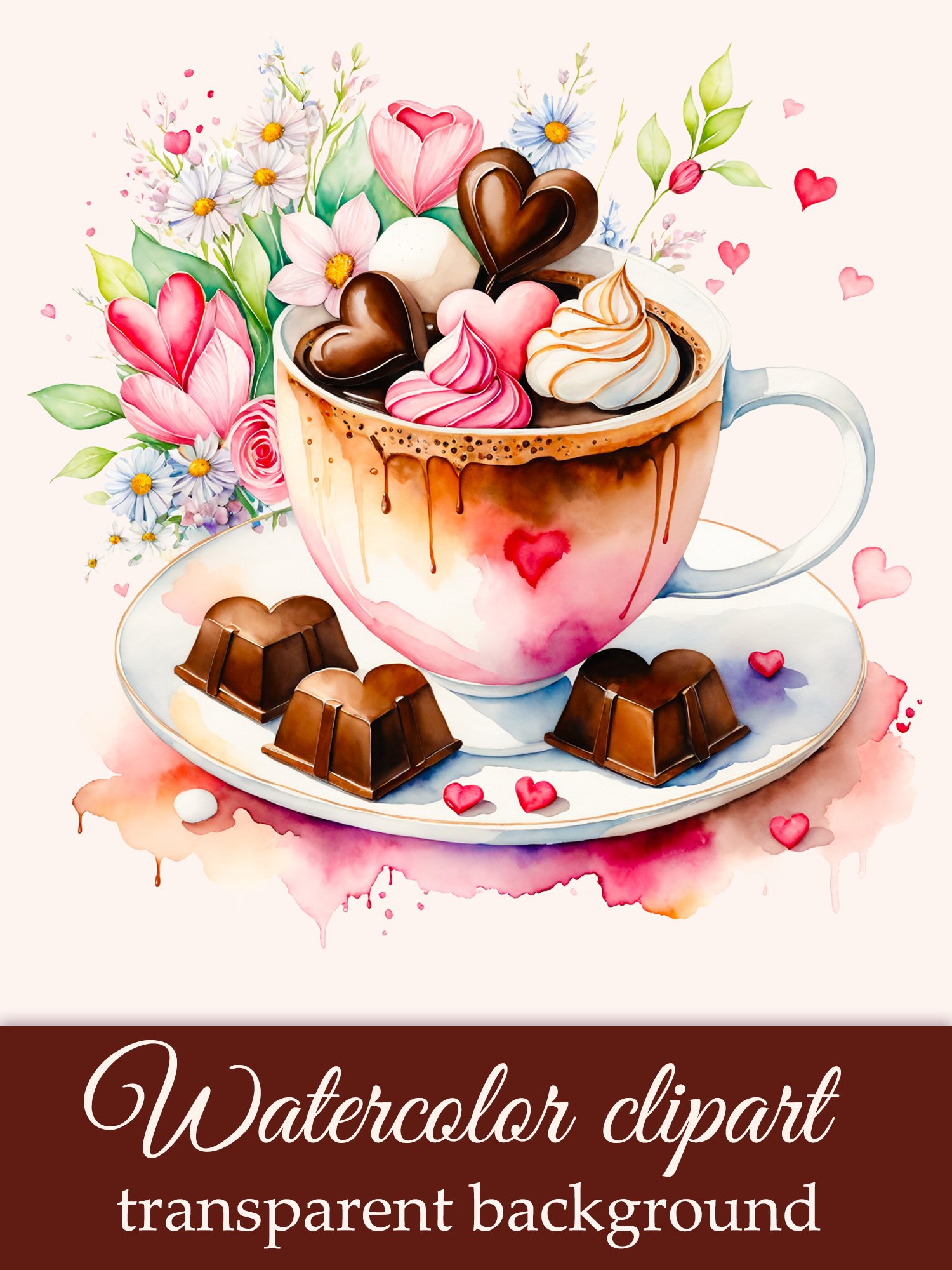 Watercolor coffee cup with hearts and chocolate, clipart Png