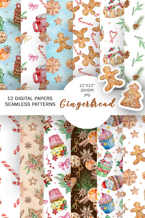 Gingerbread Digital Paper, Watercolor Christmas (1007038)