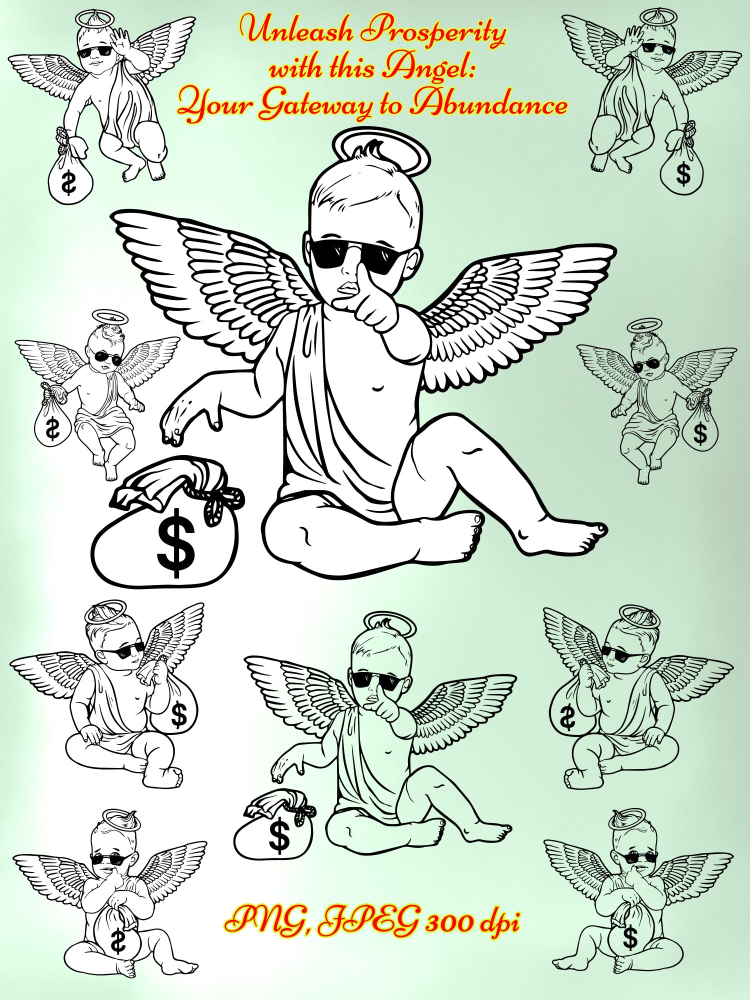 Sweet Little Angel with a Money Bag PNG black and white